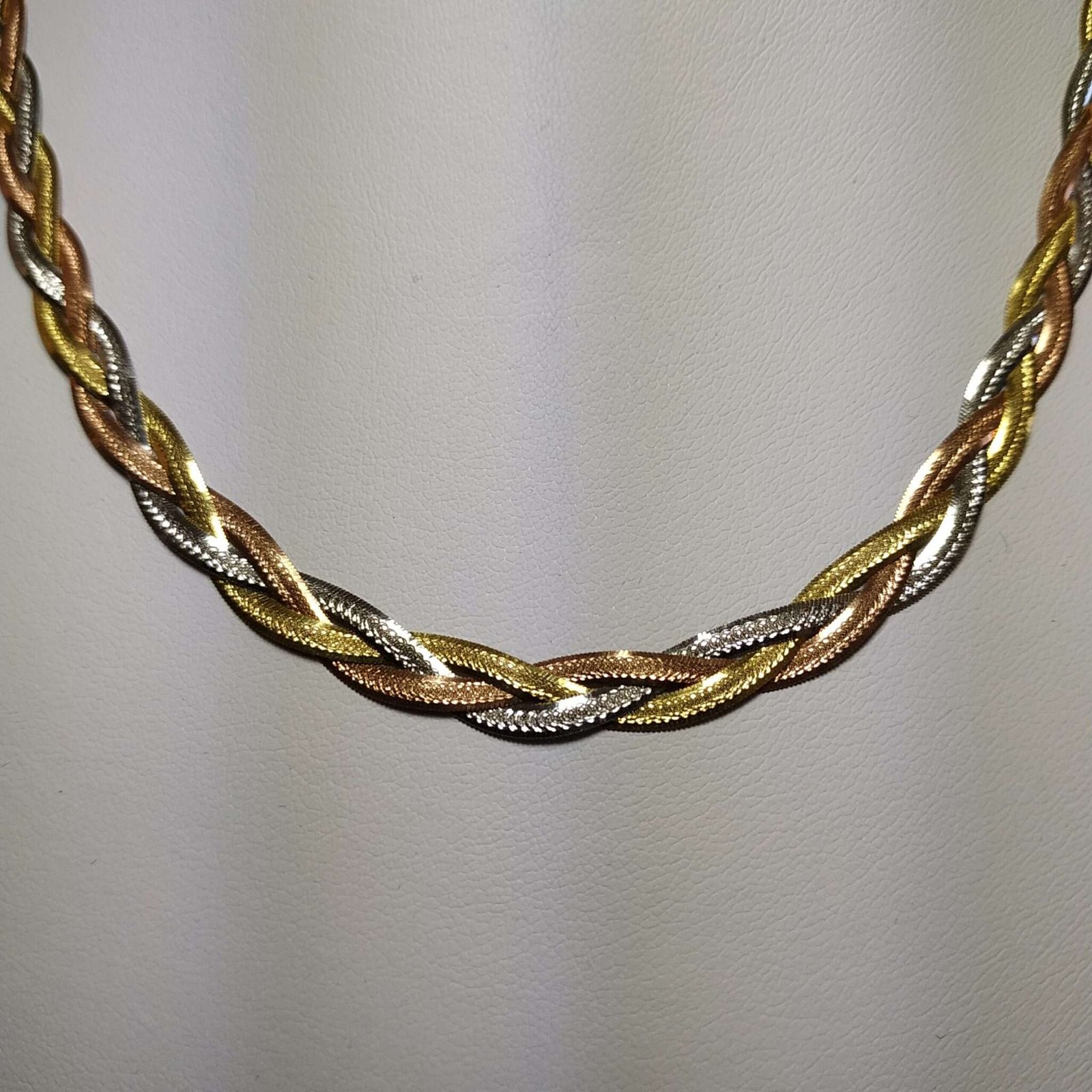 Tri-Color Gold Braided Necklace | JewelryShuk