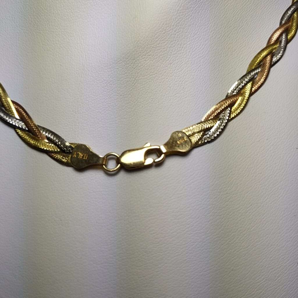 Tri-Color Gold Braided Necklace | JewelryShuk